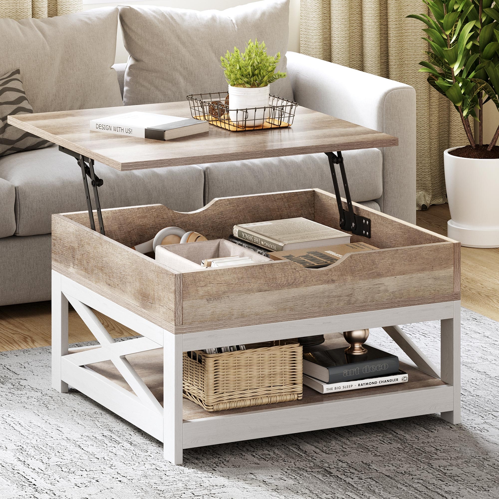Square Lift Top Coffee Table with Hidden Storage and Shelf Center ...