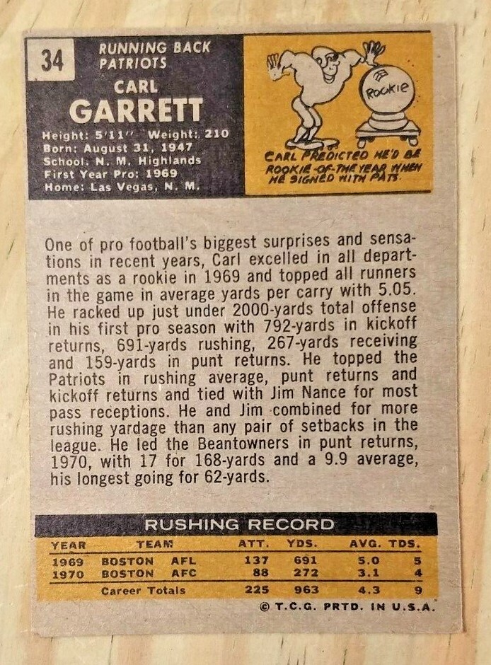 1971 TOPPS CARL GARRETT ROOKIE CARD#34 NEW ENGLAND PATRIOTS RAIDERS ...