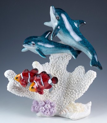 Pair of Dolphins With Clown Fish Figurine Statue 8" High Resin Glossy ...