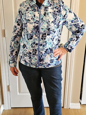 Studio Works Jacket Womens XL Blue Floral Cotton Zipper Front Fully ...