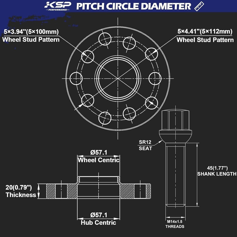 KSP 2PCS M14x1.5 20MM 5X112 & 5x100 Hubcentric wheel spacer for AUDI A3 ...