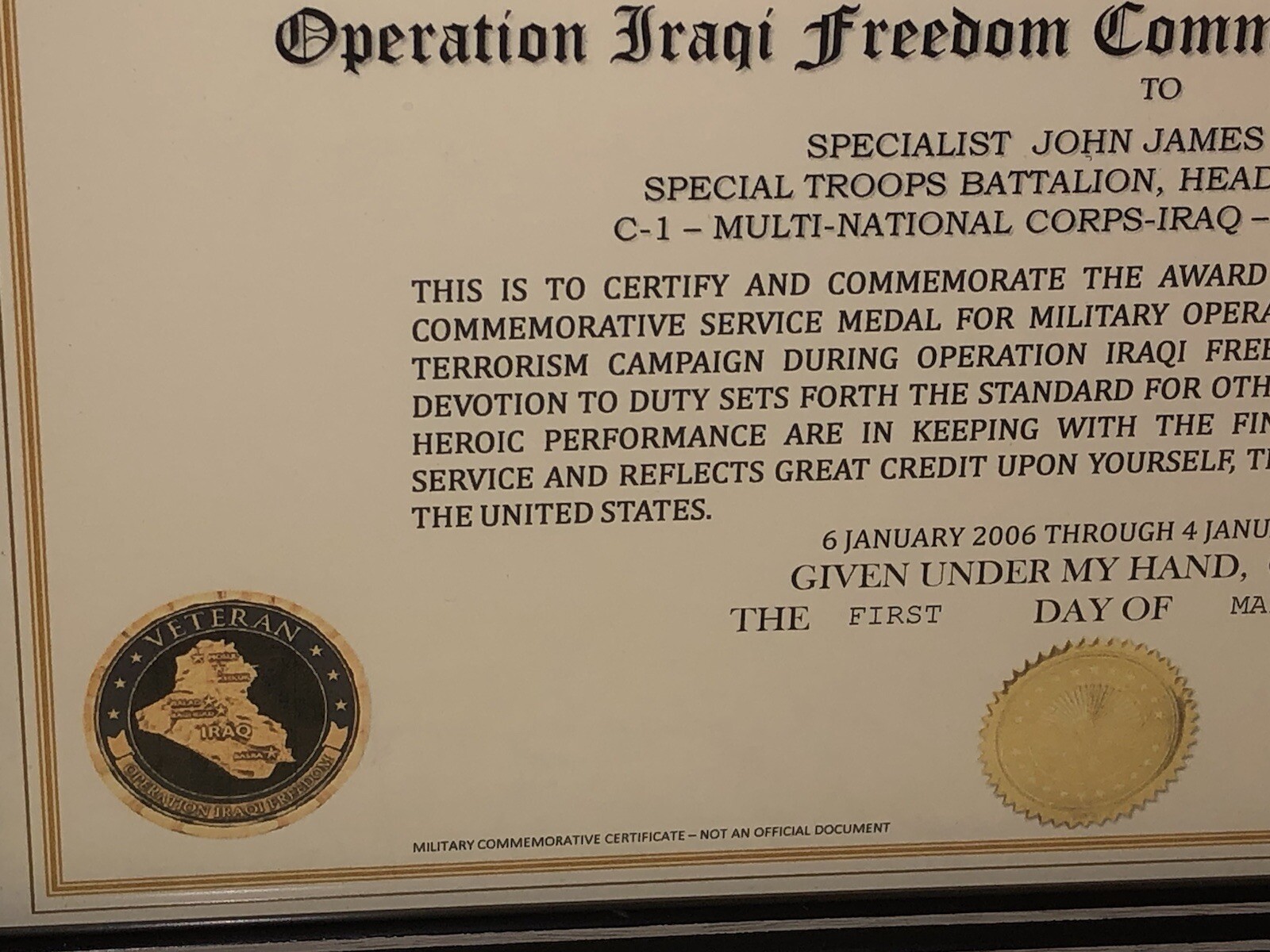 OPERATION IRAQI FREEDOM COMMEMORATIVE SERVICE MEDAL CERTIFICATE ~ Type ...