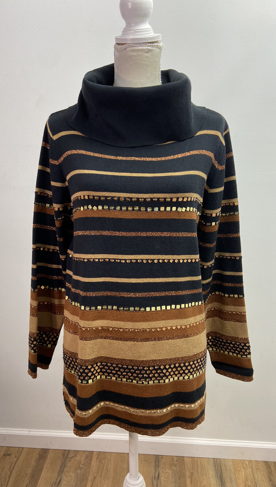 Kikit Black and Brown Striped Sequin Cowl Neck Sweater Women’s Large ...