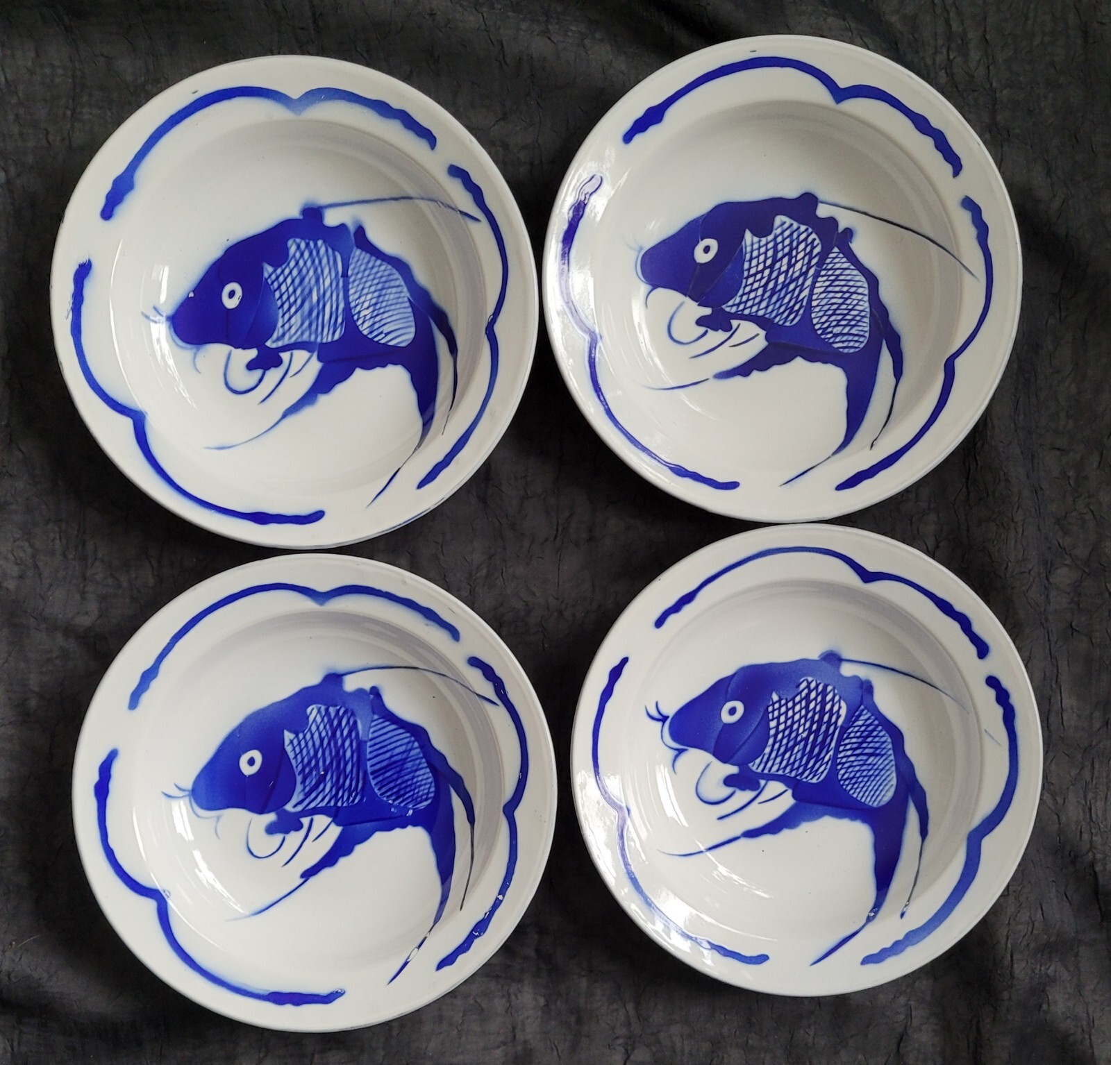 4 Vintage Enamelware 8 1/2" Bowls Blue & White Koi Fish Camping | eBay