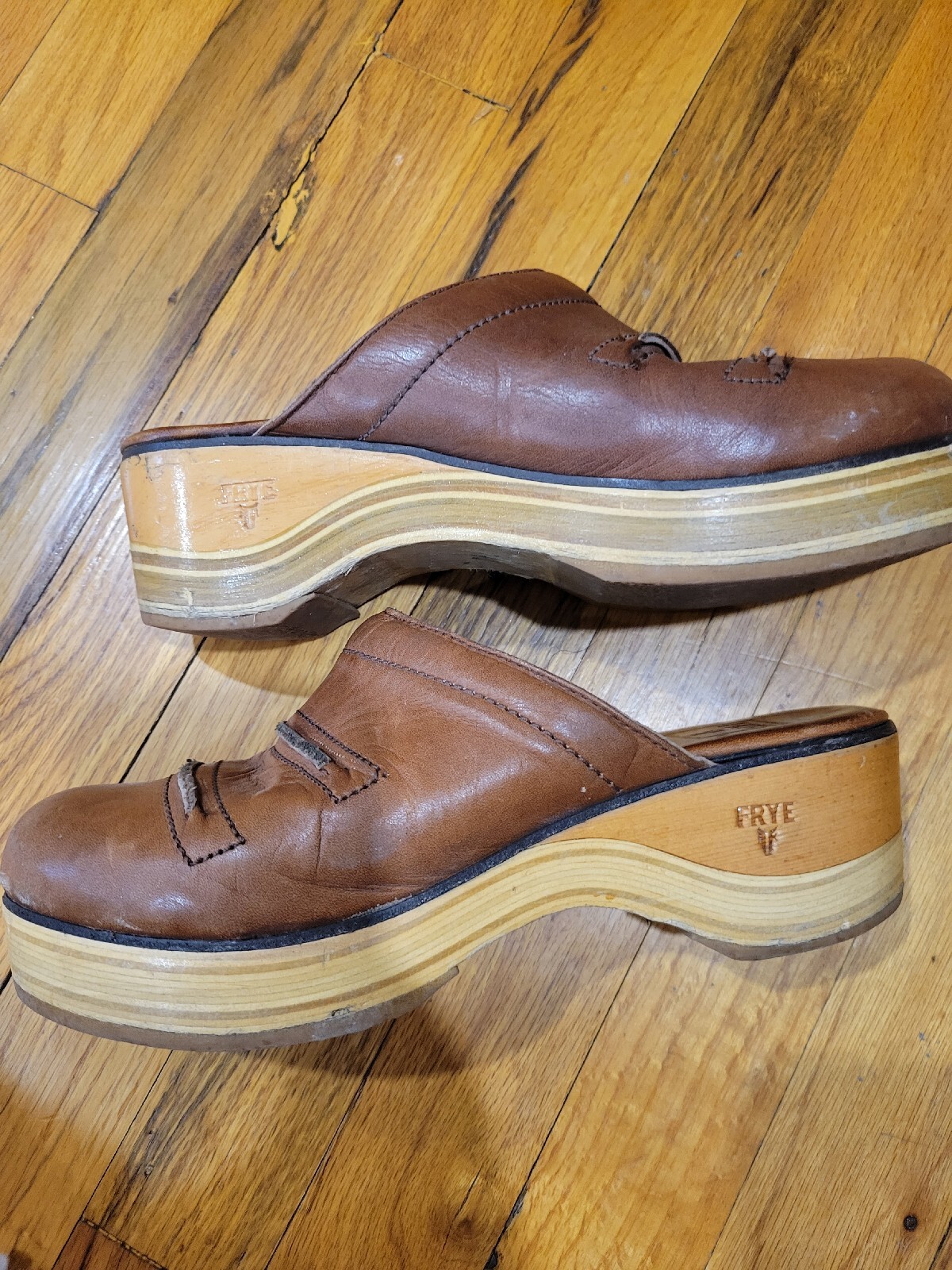 Frye Brown platform leather clogs~wooden heel 7 1/2 | eBay
