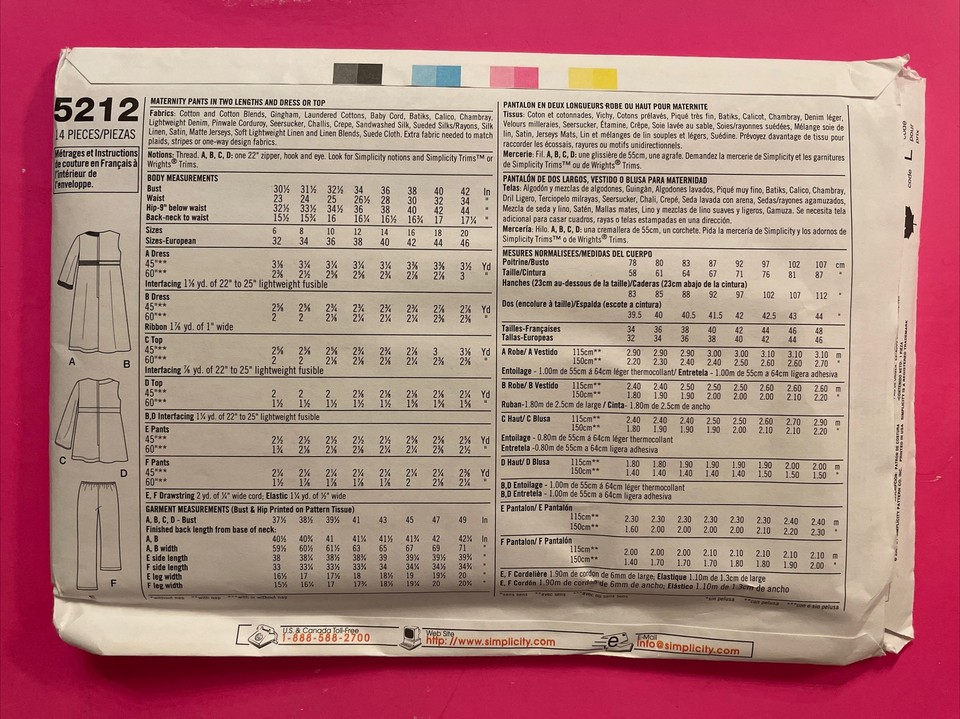 Simplicity sewing pattern 5212 maternity pants dress top size 6 8 10 12 ...