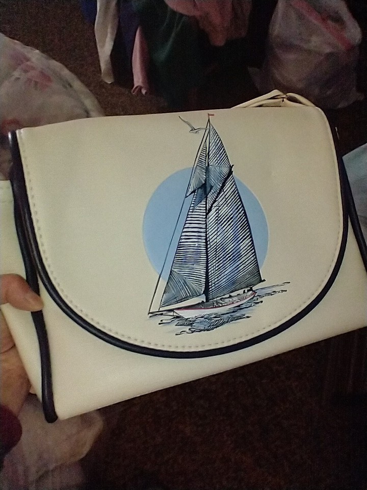 VTG The Original Florida Keys Handbag Sailboat Embossed Painted Ivory w ...