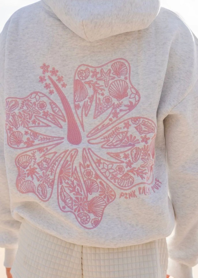 Hibiscus Embroidery Hoodie gray Pink Palm Flower Hawaiian Aloha Preppy ...