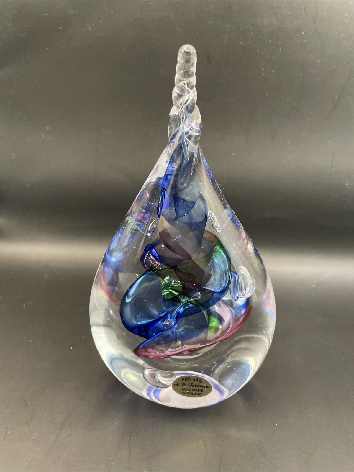 Adam Jablonski Art Glass Crystal Teardrop Twist Top Paperweight Poland ...