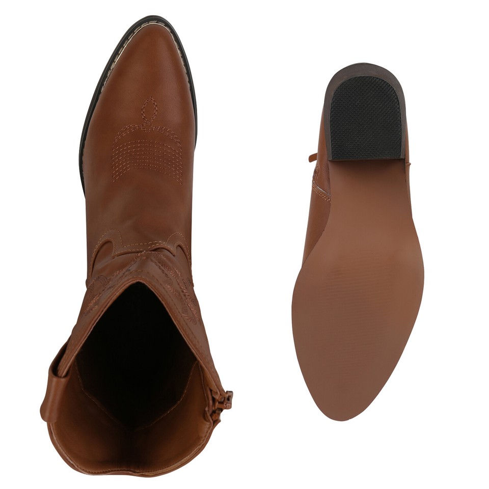 Damen Cowboy Boots Stiefeletten Stickereien Holzoptikabsatz 839934 ...