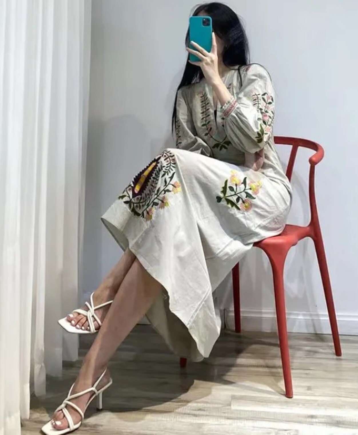 ZARA KHAKI FLORAL EMBROIDERED BALLOON SLEEVE MIDI A-LINE POPLIN LONG ...