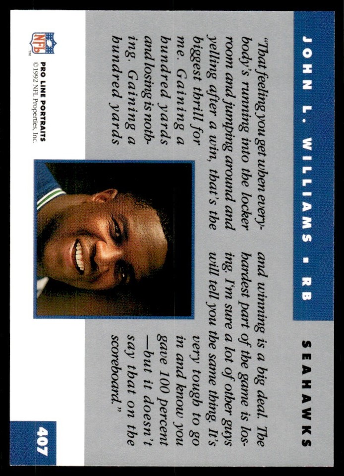 1992 Pro Line Football Card John L. Williams Seattle Seahawks #407 | eBay