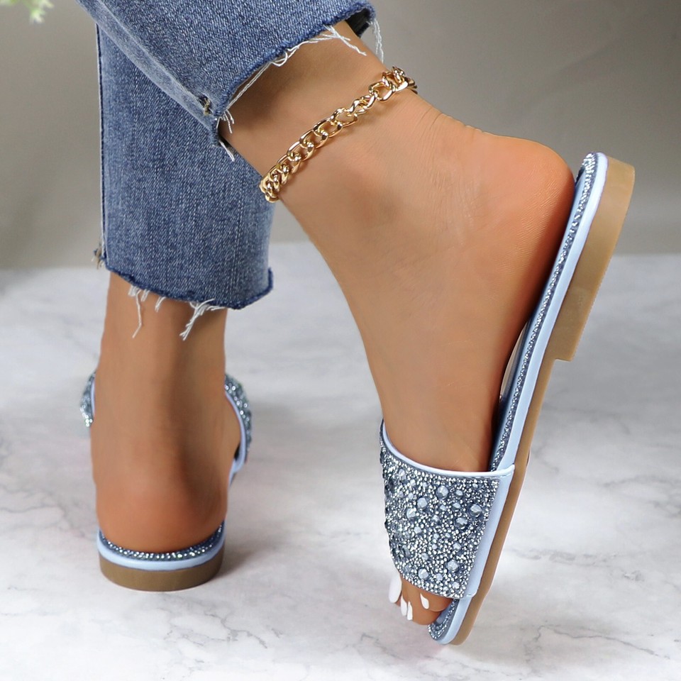 Lurnyet Women's Crystal Embellished Slide Sandals Rhinestone Studded ...
