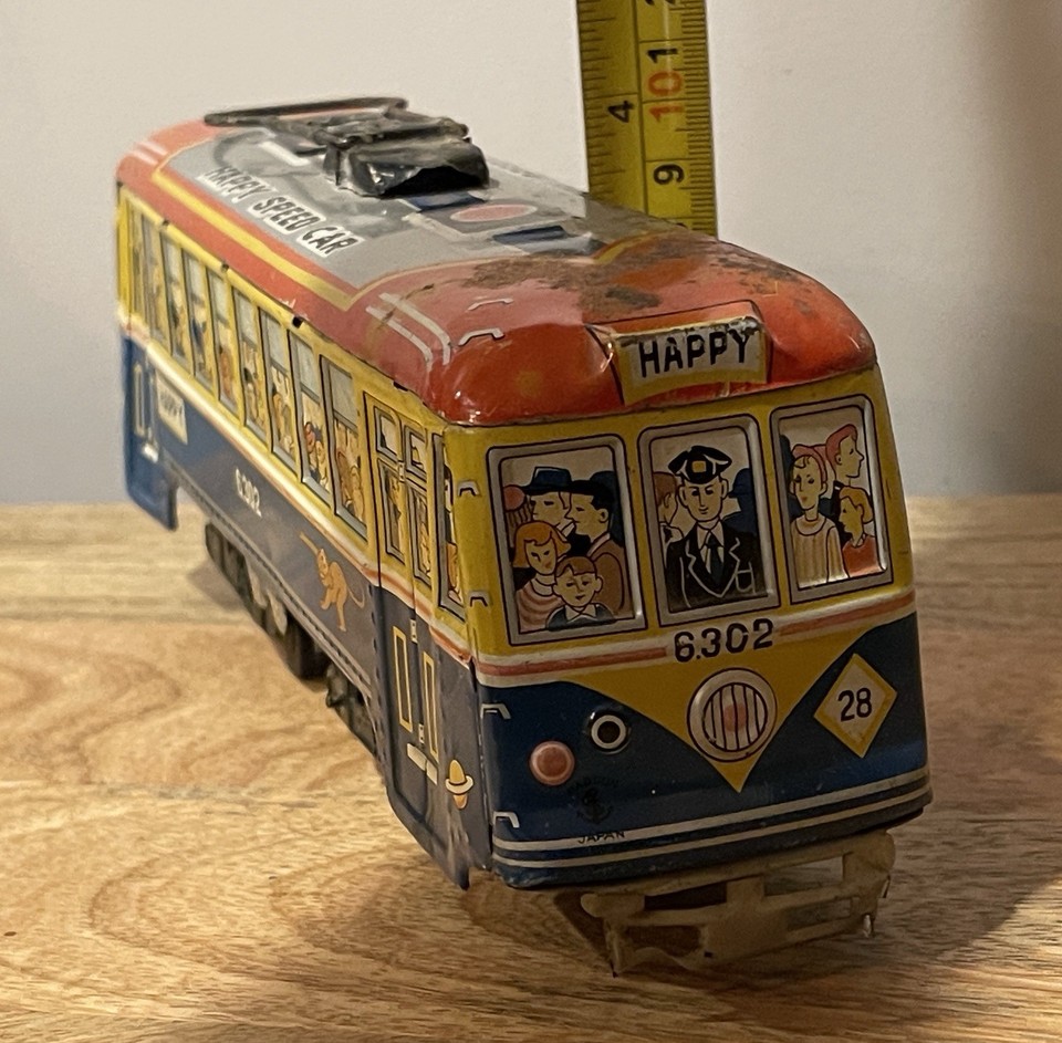 Vintage Tin Litho Friction Toy Trolley Bus “Happy Speed Car” Hadson ...