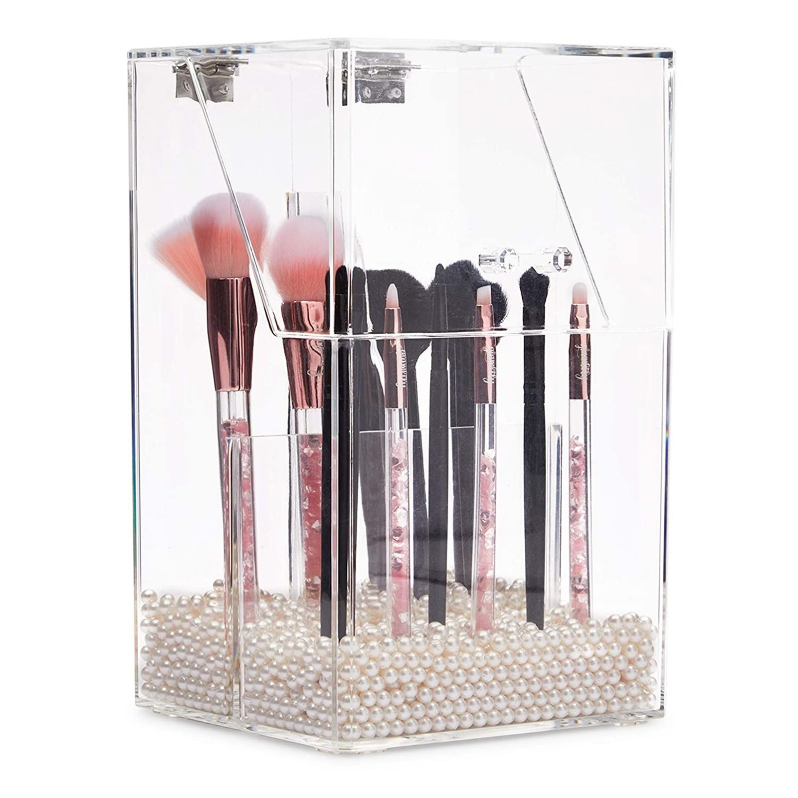 Makeup Brush Holder with Lid and Pearls, Cosmetic Storage Organizer ...