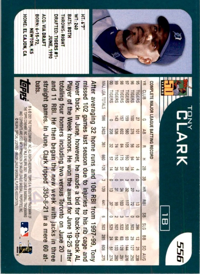2001 TOPPS TONY CLARK . DETROIT TIGERS #556 | eBay