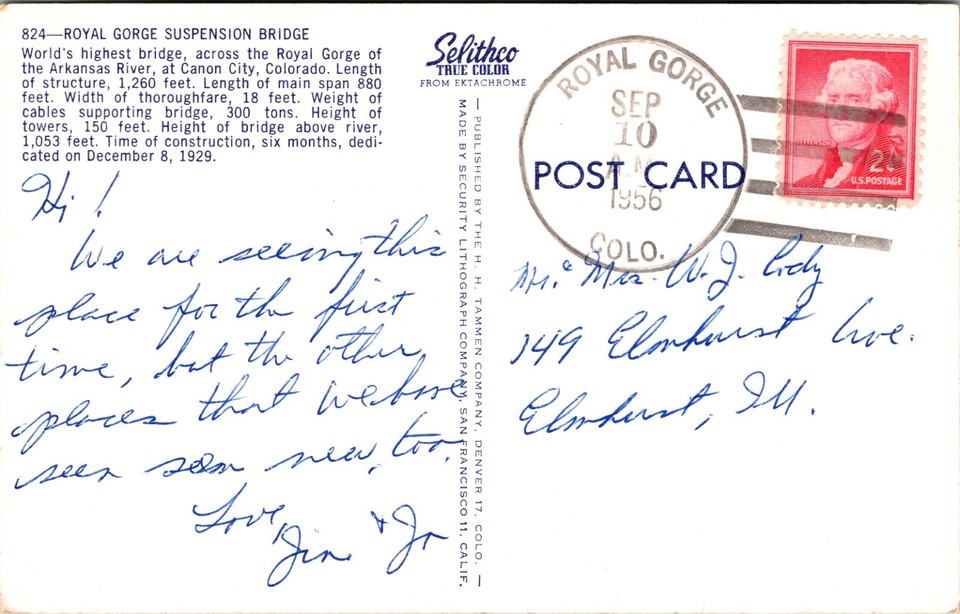 Postcard Canyon City Colorado Royal Gorge Suspension Bridge Train 1956 ...