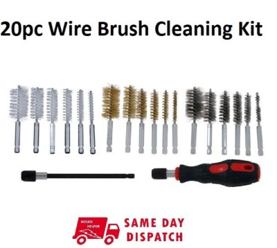 20pc Small Thin Wire Brush Set Brass Hex Head Handle Drill Bit Pipe ...