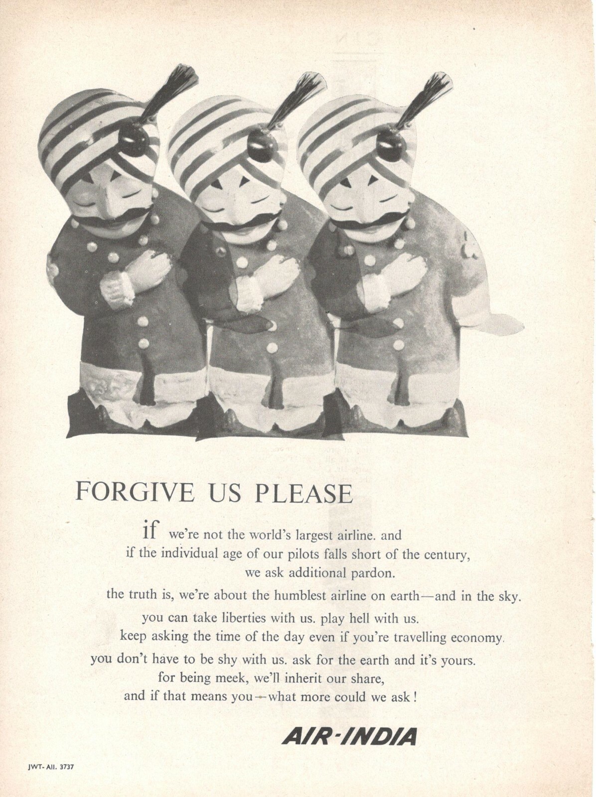 AIR INDIA Compagnie Aérienne 1 Page Publicité 1962 FORGIVE US PLEASE | eBay