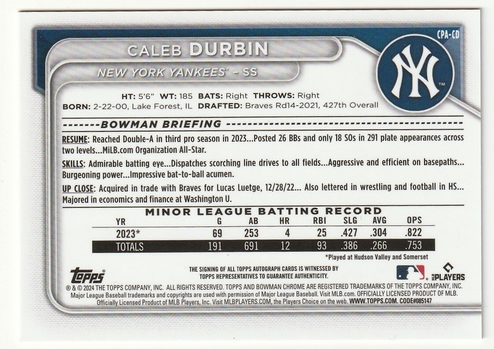CALEB DURBIN 2024 BOWMAN CHROME ORANGE SHIMMER AUTOGRAPH AUTO YANKEES ...