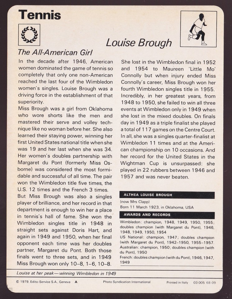 LOUISE BROUGH Tennis Player 1949 Wimbledon Photo 1979 SPORTSCASTER CARD ...