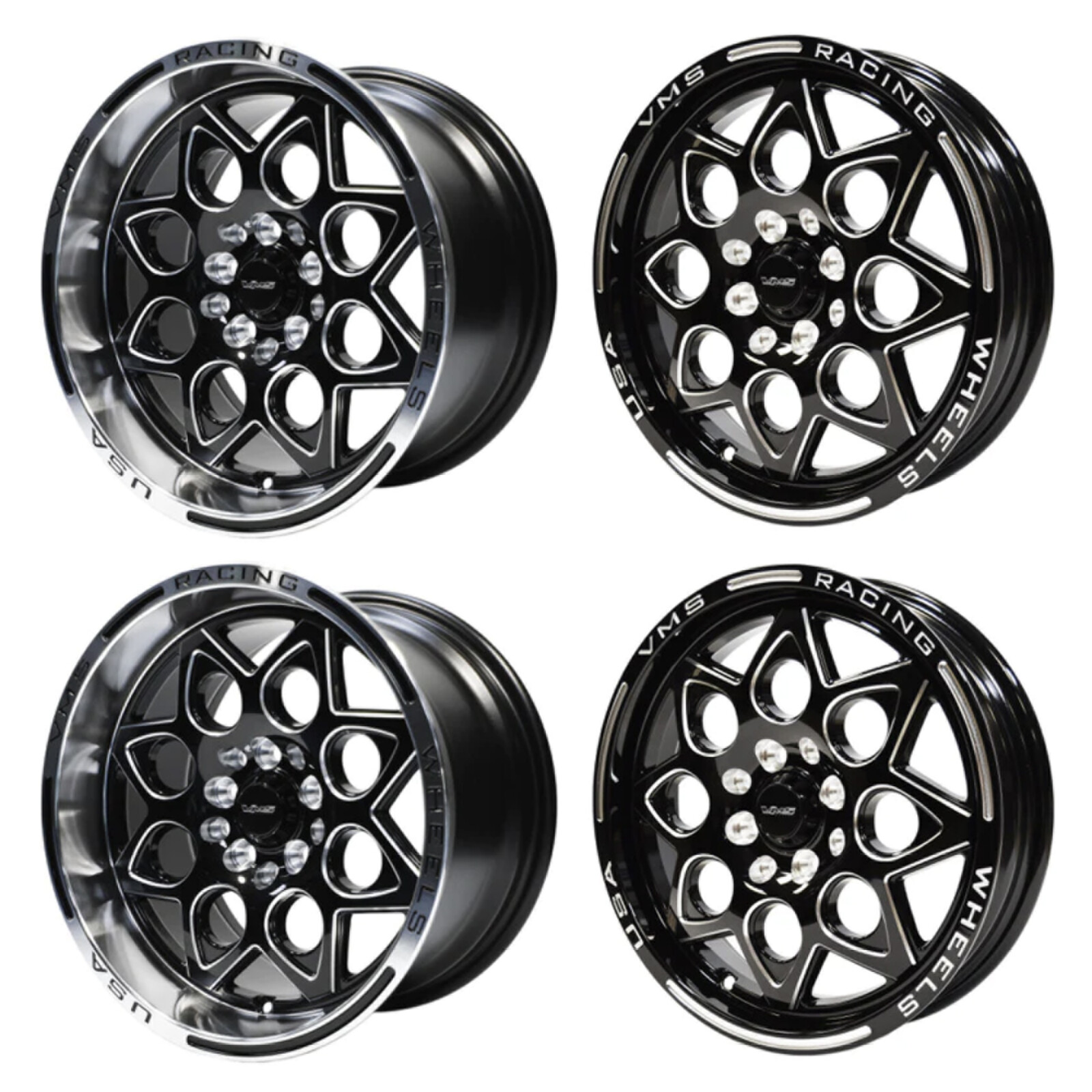 VMS Racing Black Rocket Drag Pack Wheels Rims Front & Rear 15x8 & 15x3 ...