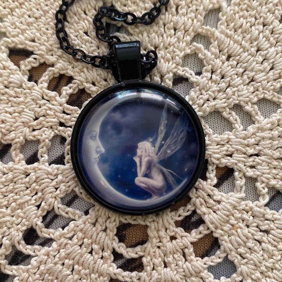 Magical girl Fairy with Wings On The Moon Necklace Black Pendant and ...