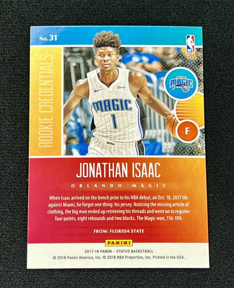 Jonathan Isaac 2017-18 Panini Status Rookie Credentials RC #31 Orlando ...