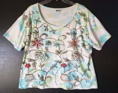 Kaktus Womens 1X Blue Green Embroiered Floral Pint Top Short Sleeve ...
