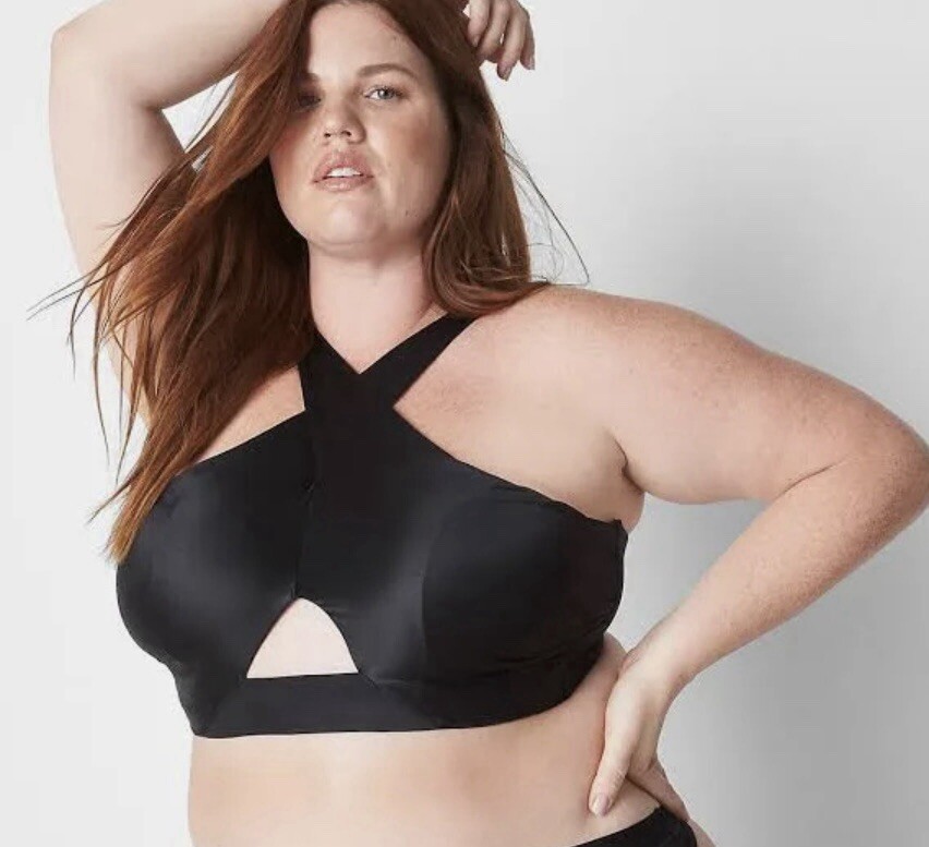 Cacique Wrap Top Bra Sateen Unlined Wire Free Cut Out Womens 46DD Black | eBay