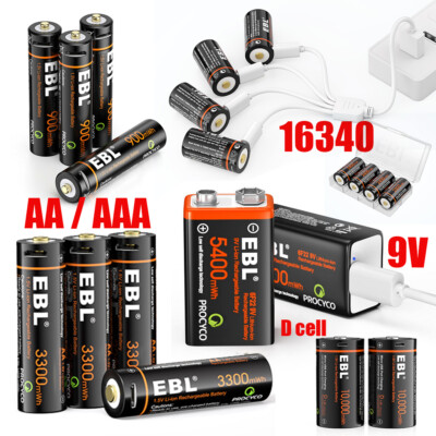 EBL 1.5V USB AA AAA D Cell 9V Battery Rechargeable Lithium Li-ion ...