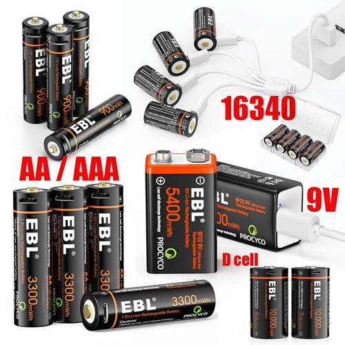 EBL 1.5V USB AA AAA D Cell 9V Battery Rechargeable Lithium Li-ion ...