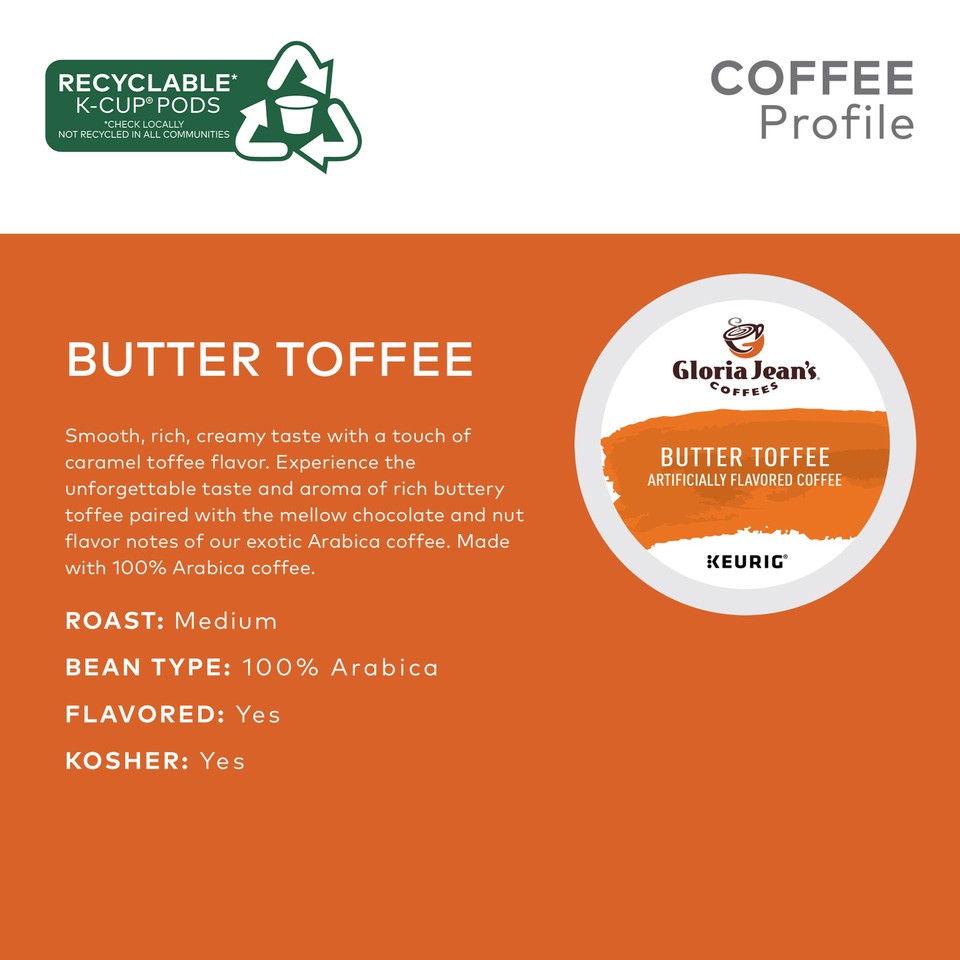 Gloria Jean's Butter Toffee, Keurig K-Cup Pods, Medium Roast Coffee, 24 ...