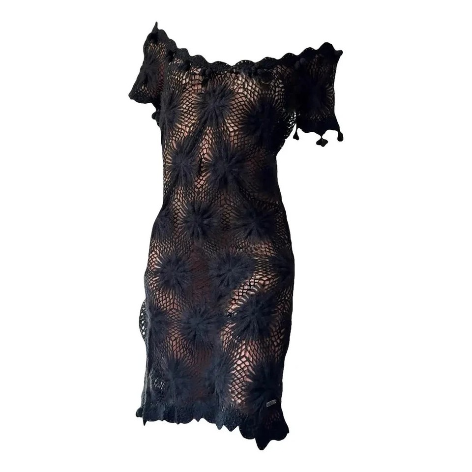 Vintage Galliano Off Shoulder Dress Black Crochet Semi Sheer Beachwear ...