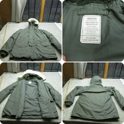 Military N-3B Jacket Men Medium Green Canvas Hood Extreme Cold Weather ...