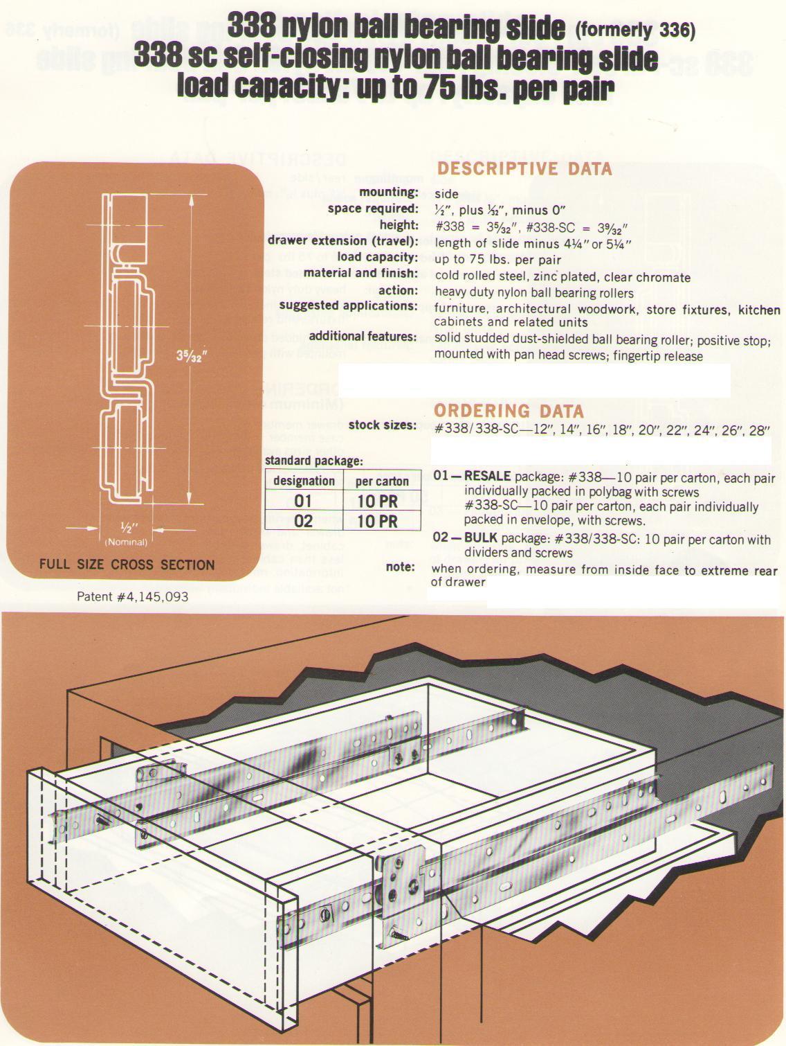 GRANT #338SC-12"-01 DRAWER SLIDES, SELF-CLOSING, ZINC-PLATED, WITH ...