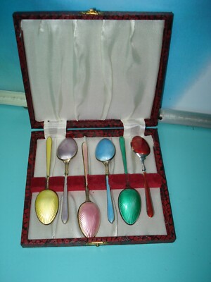 6 Antique Victorian HM sterling silver 925 Guilloche enamel cocktail ...