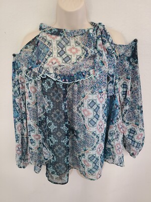 Libby Edelman Women Top Large Blue Floral Geometric Blouse Boho Cold Shoulder | eBay