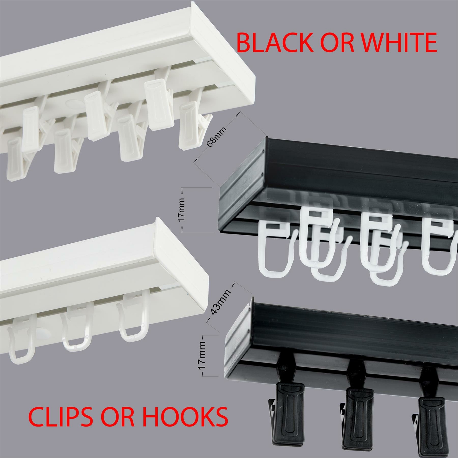 Curtain Rail Track Black or White with HOOKS or CLIPS PVC Ceiling SET ...