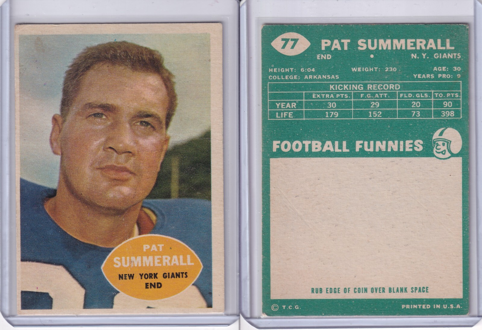 1960 Topps Football Card # 77 Pat Summerall New York Giants End EX | eBay