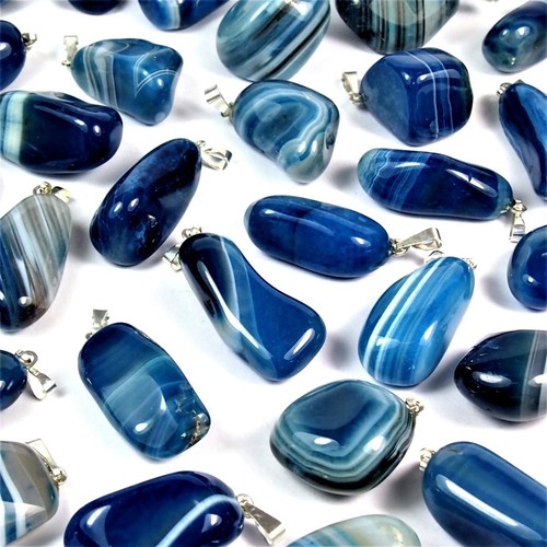 Premium blauer Achat Trommelstein Anhänger mit silberner Öse Edelstein ...