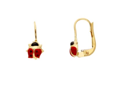18k yellow gold small puffed 7mm ladybug pendant earrings, leverback ...
