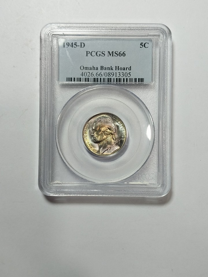 PCGS MS66 1945-D Jefferson Silver Nickel, Omaha Bank Hoard Rainbow ...