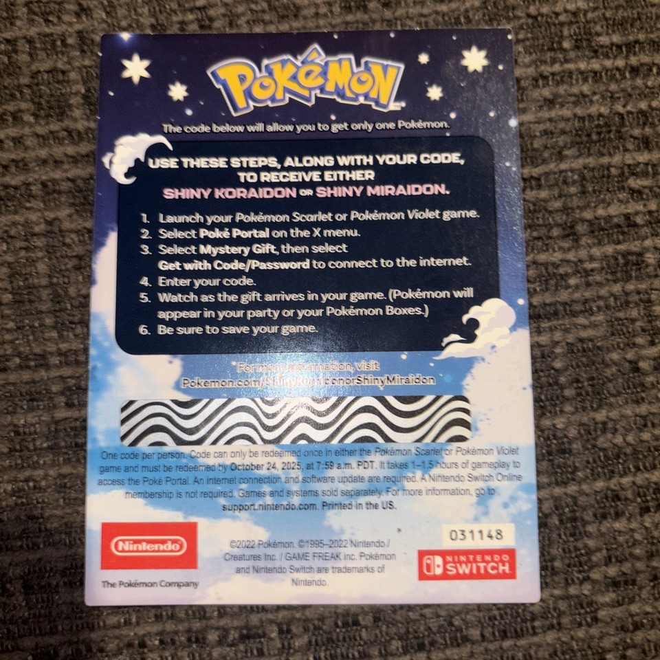 Pokemon Scarlet And Violet Serial Codes Shiny Koraidon or Miraidon ...