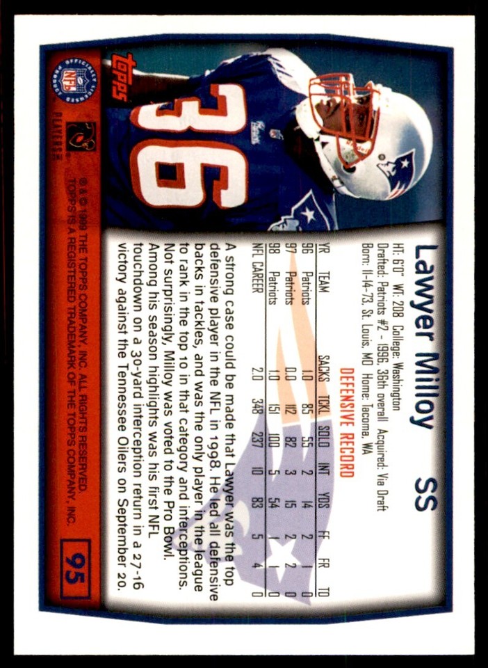 1999 TOPPS LAWYER MILLOY NEW ENGLAND PATRIOTS #95 | eBay