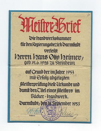 Meisterbrief, Bäckermeister 1953 in Steinheim, Handwerkskammer ...