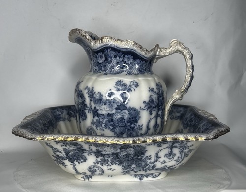 AMAZING! Victorian Era Flow Blue Pitcher and Bowl set. Great Condition ...
