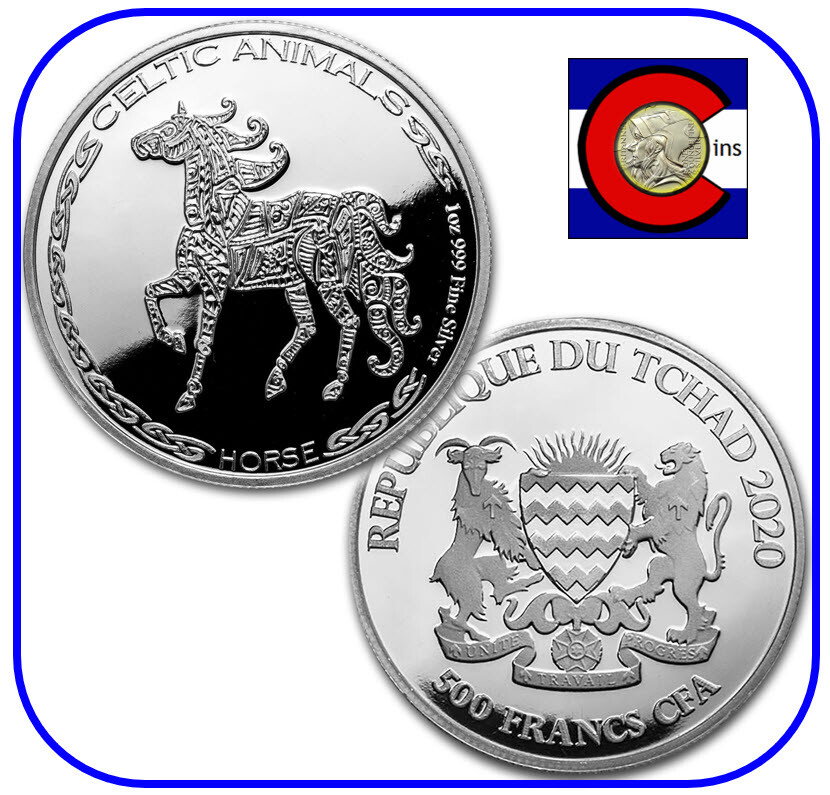 2020 Chad Celtic Horse 1 oz Proof-Like Silver Coin w direct fit capsule ...