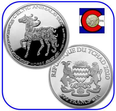 2020 Chad Celtic Horse 1 oz Proof-Like Silver Coin w direct fit capsule ...
