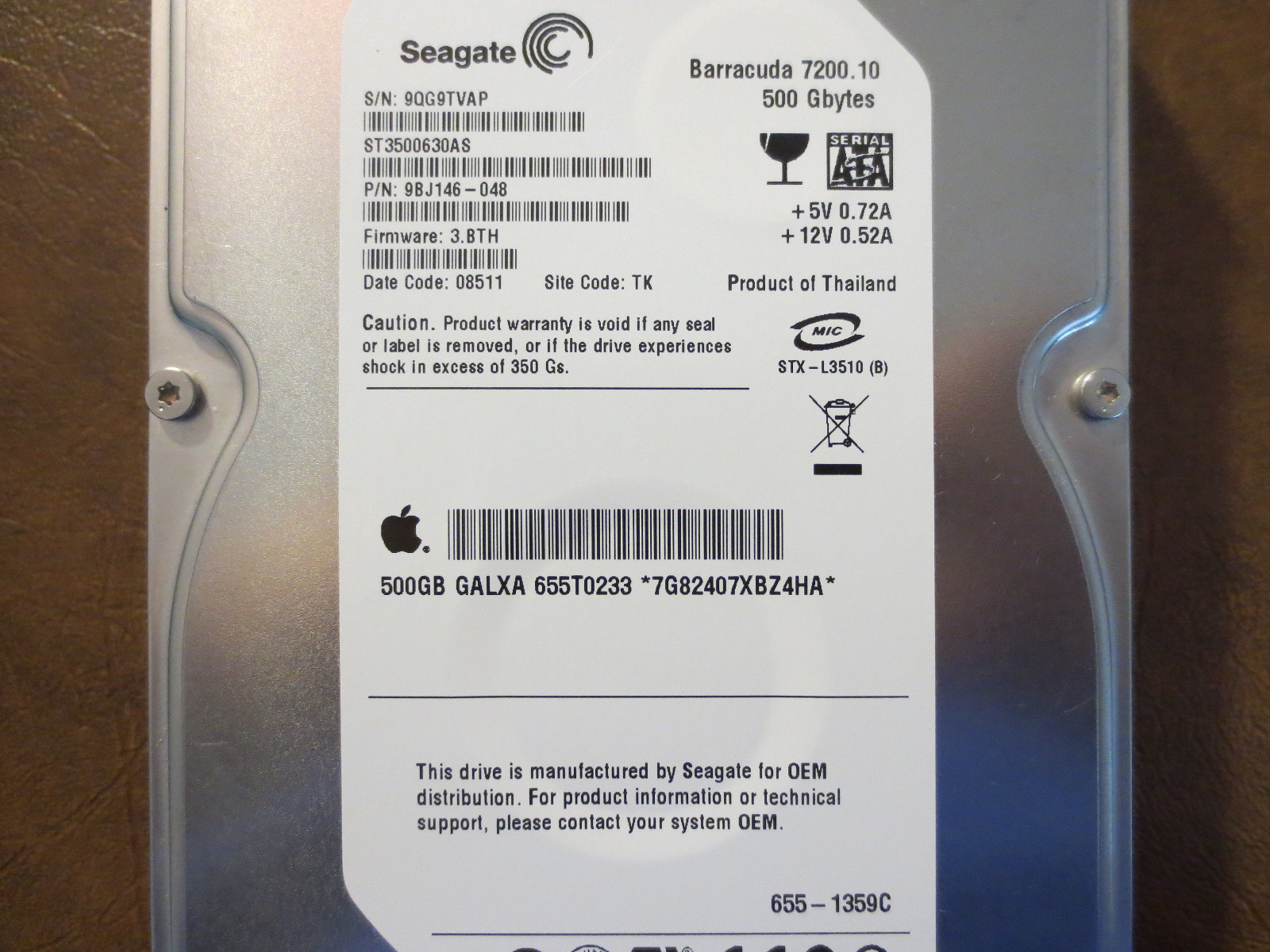 Seagate ST3500630AS 9BJ146-048 FW:3.BTH TK Apple#655-1359C 500gb 3.5 ...